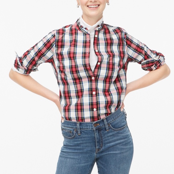 J. Crew | Tops | J Crew Tartan Plaid Ruffle Neck Button Down Shirt Top ...